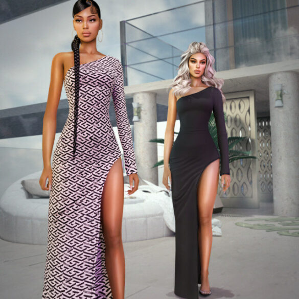 one shoulder split thigh dress - The Sims Game